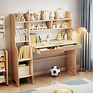 BALANBO Kids Desk Kids Table with Drawers and Bookshelf Rubber Wood Kids Media Desk Student Learning Computer Workstation and Writing Desk (Natural)