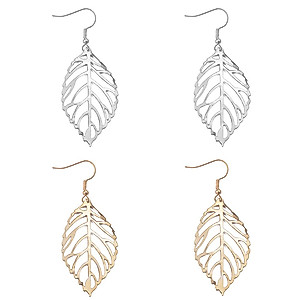 DIYANMMY 2 Pairs Elegant Simulation Hollow Gold Silver Leaf Dangle Drop Earrings Bohemian Vintage Minimalist Hypoallergenic Jewelry Gift (Gold Silver Leaf Earrings)