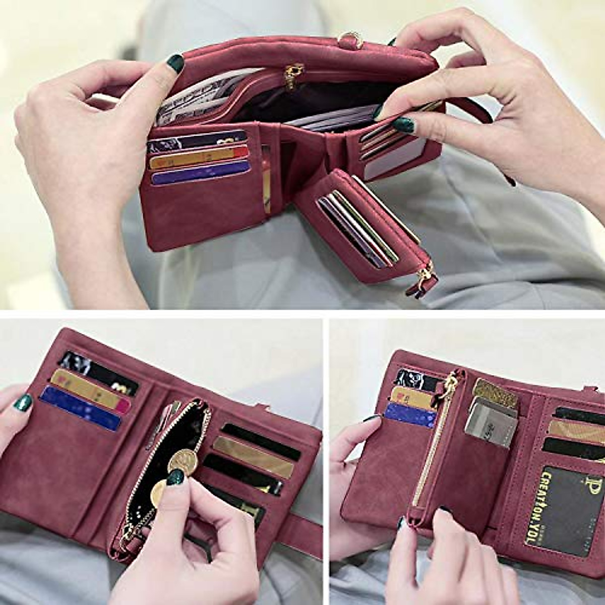 Womens Small Bifold Leather Wallets Rfid Ladies Wristlet with Card slots id window Zipper Coin Purse (Purple)