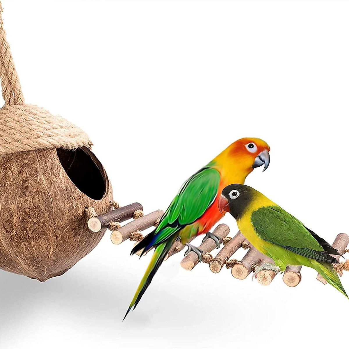 Dlhbafuya Coconut Birdhouse Coconut Shell Climbing nest Hamster hut with Ladder pet Bird Climbing Ladder nest Coconut Shell Bird nest Small Animal Habitat nest.