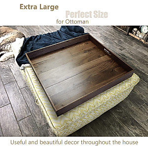 MAGIGO 24 x 24 Inches Extra Large Square Black Walnut Wood Ottoman Tray with Handles, Serve Tea, Coffee or Breakfast in Bed, Classic Wooden Decorative Serving Tray