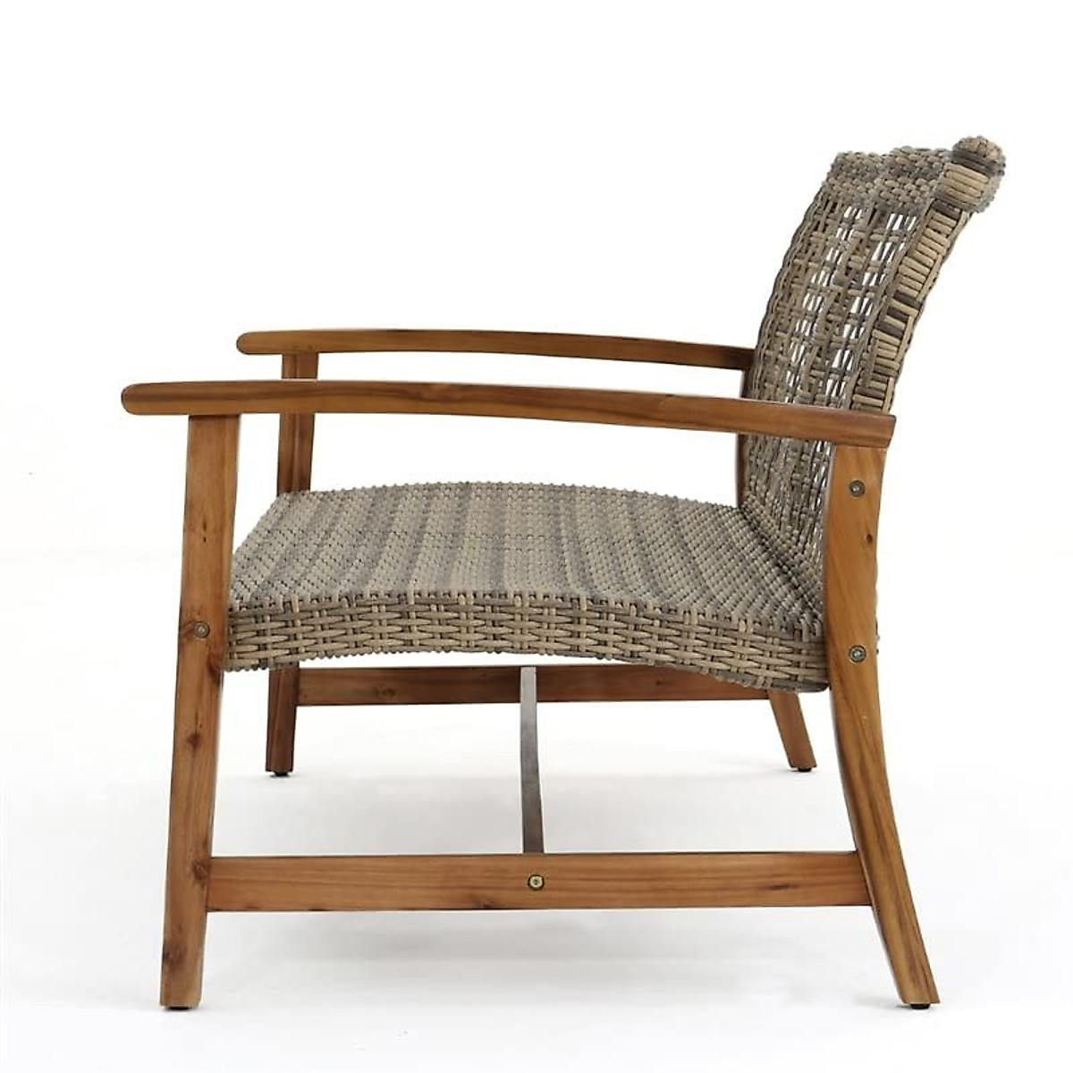 Great Deal Furniture Marcia Outdoor Wood and Wicker Loveseat, Natural Finish with Gray Wicker