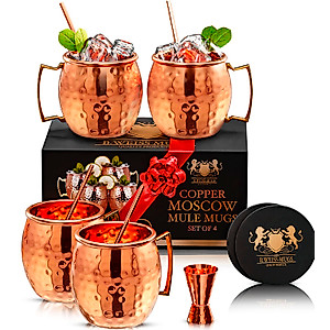 B. WEISS Premium Moscow Mule Mugs Set of 4 with Bonus Accessories - 100% Real Copper cups, Handcrafted, 16 oz - Includes Copper Straws, Jigger, and Coasters -Gift for Any Occasion - Food Safe
