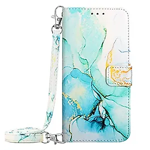 ONV Wallet Case for Oppo A17 - Long Neck Lanyard Marble Painted Stand Card Slot Leather Flip Case + TPU Inner Shell Cover for Oppo A17 [Marble] -PinkGreen