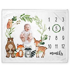 Yuzioey Baby Monthly Milestone Blanket Woodland, Forest Animals Baby Photo Blanket, Gift for New Moms Baby Shower, Watch Me Grow Baby Boy Greenery Woodland Nursery Décor, Includes Marker (50"x40")