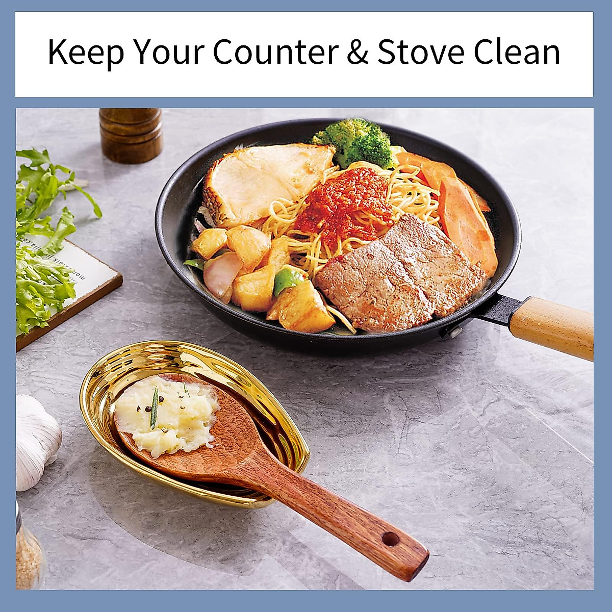 Tikooere Spoon Rest, Large 5.7 Inch Ceramic Spoon Holder for Stove Top, Farmhouse Cooking Spoon Rest for Kitchen Counter Decor, Porcelain Spoon Holder for Housewarming Gift (Gold)