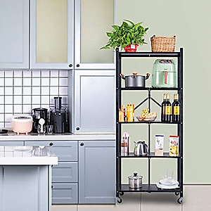 JAQ Foldable Storage Shelves Unit,5-Tier Folding Shelf Rack Organizer Cart with Rolling Wheels for Temporary or Mobile Storage in Garage Kitchen Warehouse Patio Plants Basement ( Black,5-Tier)