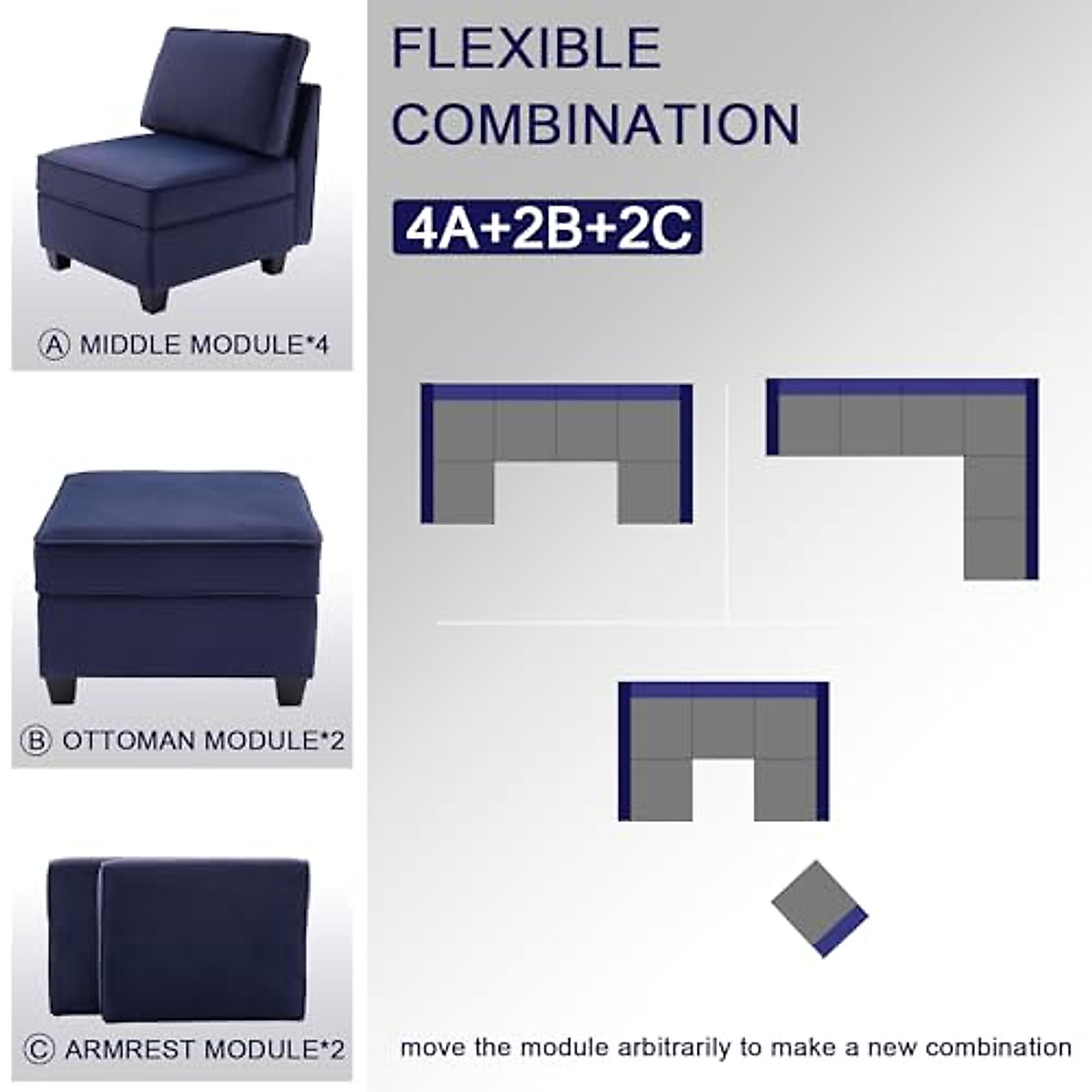 DANNRATCH Modular Sectional Sofa U Shaped Convertible Sectional Couch with Reversible Chaise, Sleeper Velvet Modular Couch with Ottomans for Living Room Furniture Sets Navy Blue