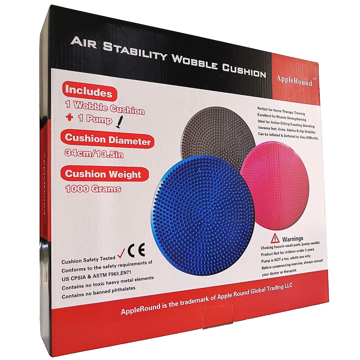 AppleRound Air Stability Wobble Cushion, Blue, 34cm/13.5in Diameter, Balance Disc, Pump Included