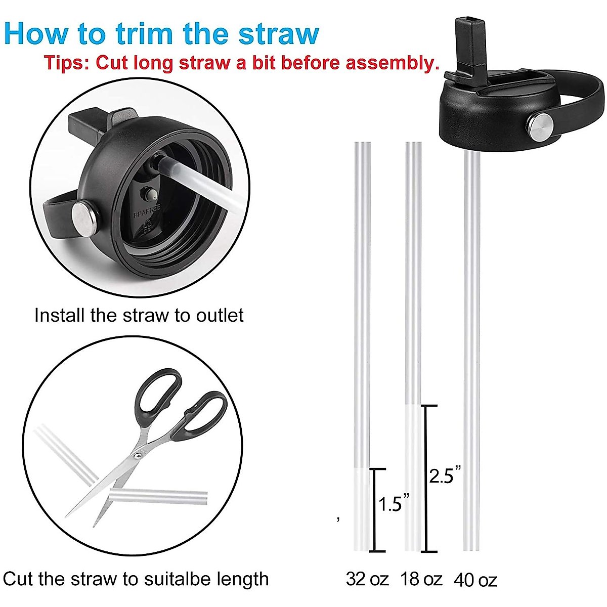 Straw Lid for Hydroflask, Lids with Straw Compatible with Hydro Flask Wide Mouth 32 40 oz Water Bottle, Straw cap for Hydroflask Lid Replacement, Flip Top with Flex Handle (Black)