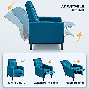 Yaheetech Fabric Recliner Chair Mid-Century Modern Recliner Adjustable Single Recliner Sofa with Thicker Seat Cushion Tufted Upholstered Sofa with Pocket Spring for Living Room Bedroom Blue