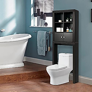 LOKO Over The Toilet Storage Cabinet, 2-Door Tall Bathroom Organizer w/ 4 Open Compartments & Adjustable Shelves, Modern Simple Toilet Space Saver, Ideal for Bathroom Laundry Balcony (Espresso)