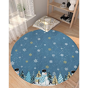 Christmas Snowman Fluffy Round Area Rug Carpets 3.3ft, Plush Shaggy Carpet Soft Circular Rugs, Non-Slip Fuzzy Accent Floor Mat for Living Room Bedroom Nursery Home Decor Blue Winter Tree Snowflake