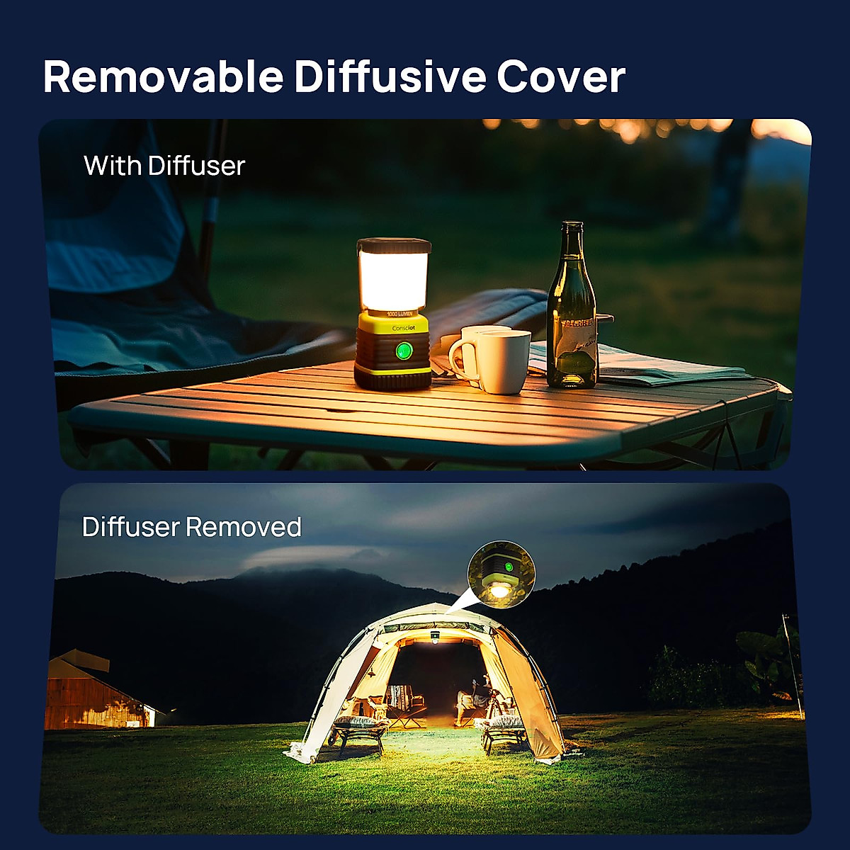 LED Camping Lantern Rechargeable, Consciot Camping Lights, 1000LM, 4 Light Modes, 4400mAh Power Bank, IPX4 Waterproof, Dimmable Tent Lights for Emergency, Power Outages, USB C Cable Included, 2 Pack