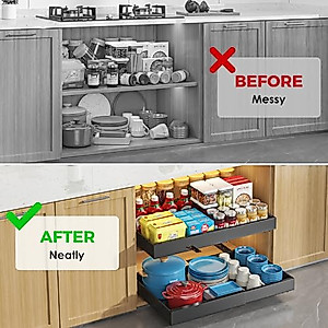 Pull Out Cabinet Organizer, 1PC 21" Deep Expandable (12.2"-20") Heavy Duty Pull Out Drawers for Cabinets Fixed with Adhesive Film, Peel Stick Slide Out Drawers for Kitchen Pantry, No Screw, Black