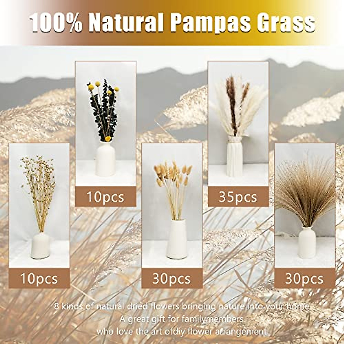 115pcs Dried Pampas Grass - Natural Pompas Grass Boho Dried Flowers Bouquet , DIY Short Pampas Grass Artistic Home Decor for Wedding Floral Arrangements and Bedroom