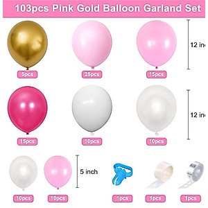 Pink Balloons Arch Kit Garland,103pcs Hot Pink Metallic Gold White Balloons, Pink Balloon Arch for Birthday Wedding Bridal Girl Baby Shower Party Decorations
