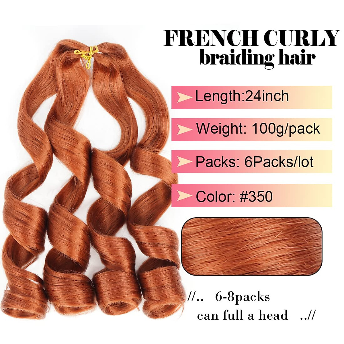 WIPPORYA Ginger French Curl Braiding Hair 24 Inch Soft Ginger Braiding Hair Pre Stretched Loose Wave Bouncy 350 Braiding Hair 100g/pack Yaki Crochet Hair for Black Women Hair Extensions for Braids (#350)
