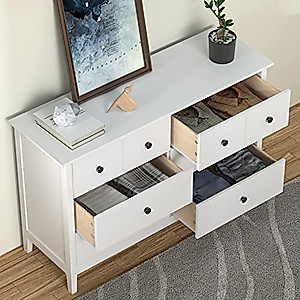 LYNSOM Dresser for Bedroom, Modern White Dresser with Deep Drawers, 6 Drawer Double Dresser with Black Knobs and Solid Wood Legs