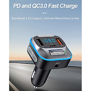 Bluetooth Car Adapter, Hi-Fi Bass Sound, Bluetooth Transmitter, FM Radio, Handsfree Calls, Fast Charging, 7 LED Colors, AUX Output, U Disk Support, Bluetooth Adapter for Car