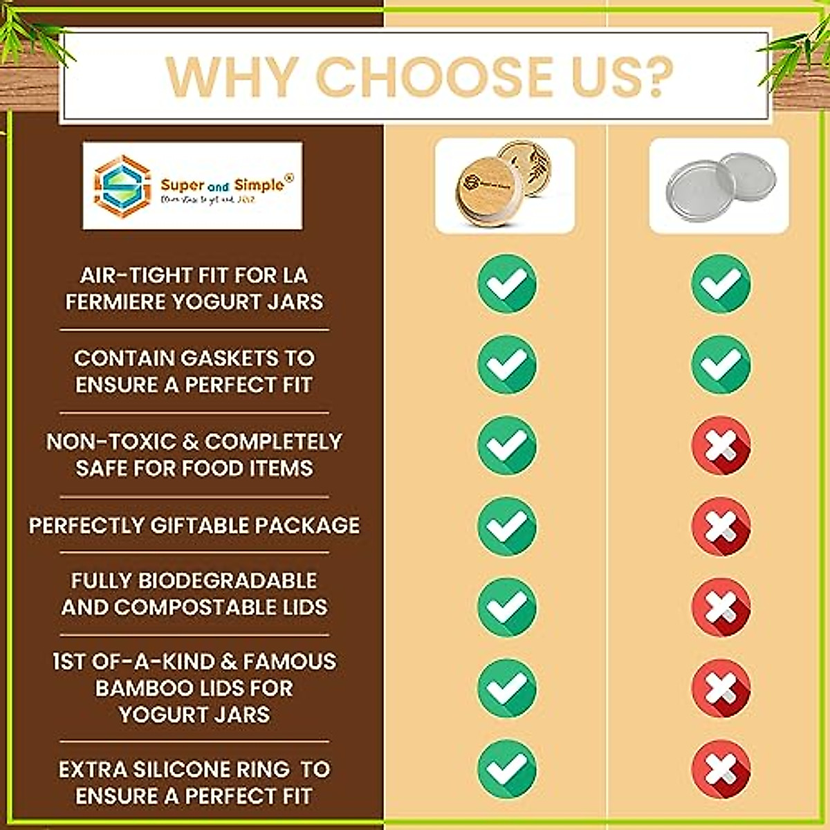 La Fermiere Yogurt Jar Tops – Olive Branches Design or Choose a Design – 4-pcs Wood Lids Set With Extra Silicone Sealing Rings - Perfectly Airtight Fit