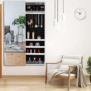 HOUAGI Mirror Jewelry Cabinet,Wall/Door Mounted Jewelry Armoire Organizer,42.5'' High Full Length Mirror with Jewelry Storage with Slide Rail, White-Slide Door