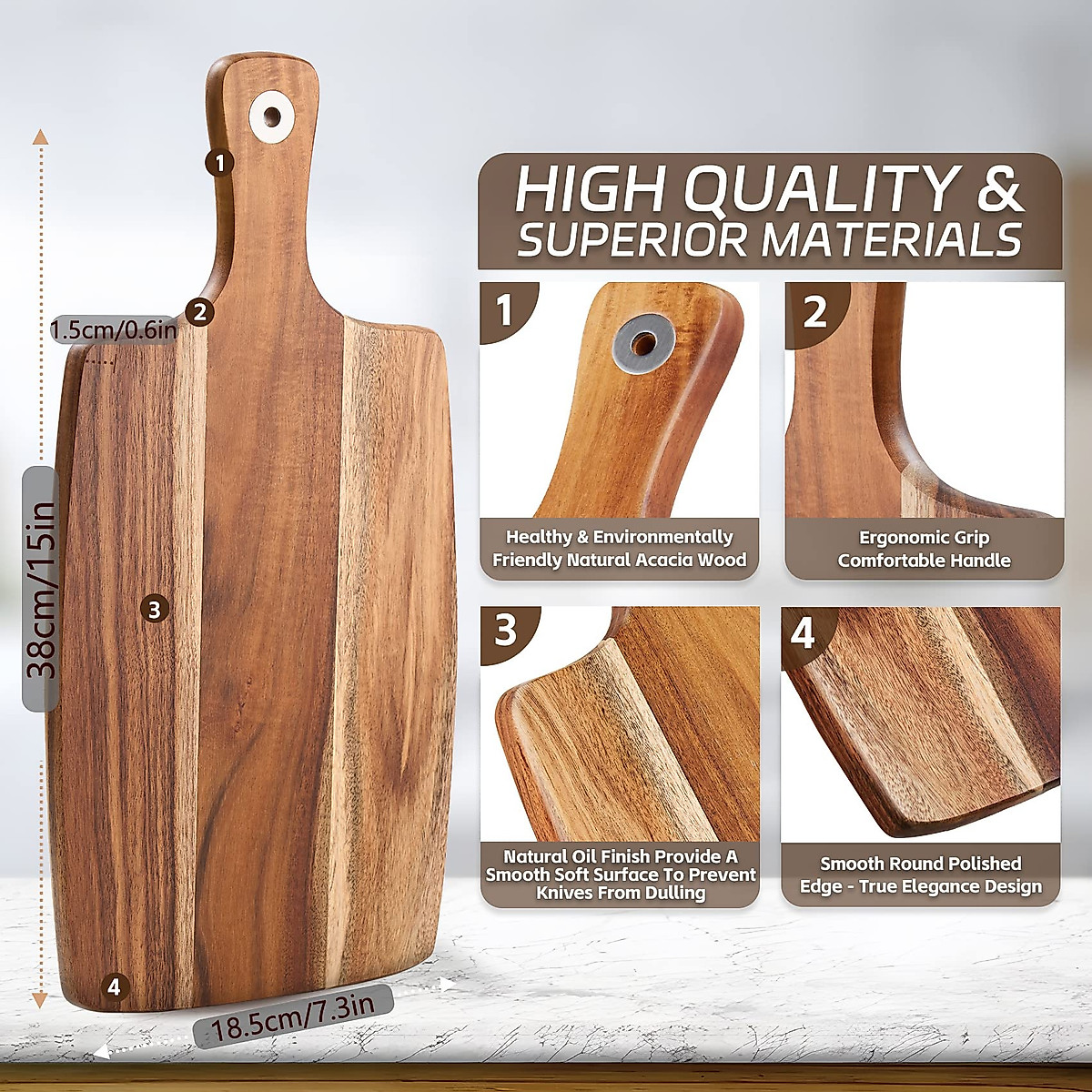 Acacia Wood Cutting Board with Handle - EVNSIX Wooden Chopping Board for Meat, Bread, Vegetables,Fruits,Cheese Serving Boards, Decorative Charcuterie Boards Kitchen Countertop