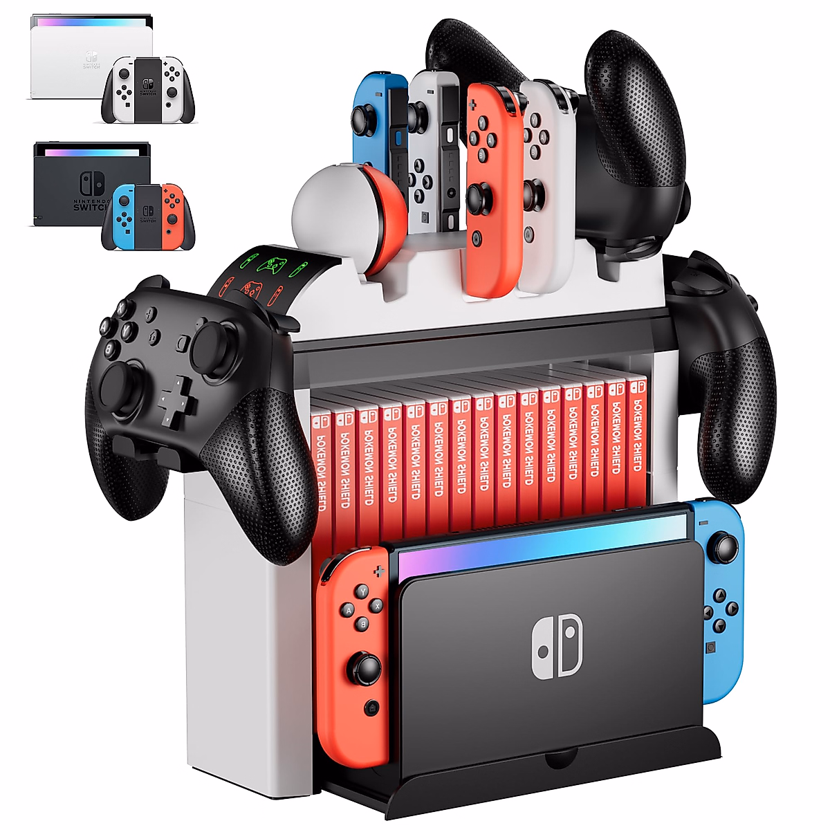 Switch Organizer with Controller Charging Station, ZAONOOL Charger Stand for Nintendo Switch & OLED Joycon, Pro Controller, Accessories Storage Tower for Games, TV Dock