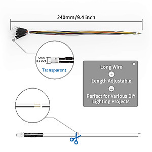 DiCUNO 100Pcs (10 Colors × 10Pcs) 5MM Pre Wired 12V LED Diodes, 9.4 Inch/24CM Ultra Bright Light Emitting Diodes Assorted Color Kit Box for Circuit Science Experiment, DIY Lighting Projects