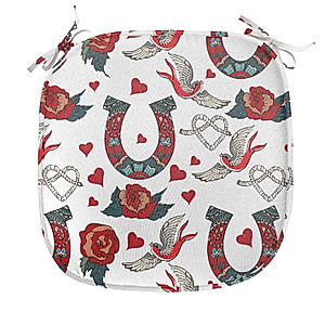 Lunarable Horseshoe Chair Seating Cushion Set of 12, Horseshoe with Rose Swallow Hearts Foral Ornamental Tattoo Style Art, Anti-Slip Seat Padding for Kitchen & Patio, 16"x16", Blue Grey and Ruby