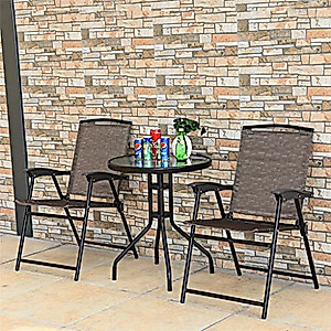 TKFDC 3PC Bistro Patio Garden Furniture Set 2 Folding Chairs Glass Table Top Steel Round Table
