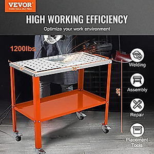VEVOR Welding Table 36"x18", 1200lbs Load Capacity Steel Welding Workbench Table on Wheels, Portable Work Bench with Braking Lockable Casters, 4 Tool Slots, 5/8-inch Fixture Holes, Tool Tray