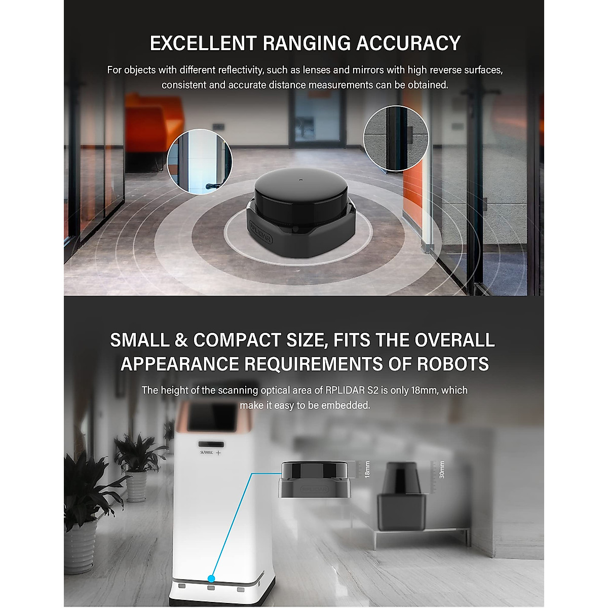 youyeetoo RPLIDAR S2 Lidar Sensor Scanner, 30 Meter (98ft) 360° DTOF Laser Range, 32000 Sample Rate, IP65 Support Indoor Outdoor Robot