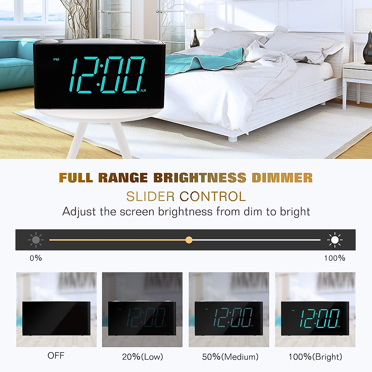 Rocam Digital Alarm Clock for Bedrooms - Large 7.5'' LED Display with Dimmer, Snooze, 7 Color Night Light, Easy to Set, USB Chargers, Battery Backup, 12/24 Hour for Kids,Heavy Sleepers(Blue)