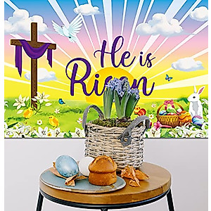 JKQ Easter He is Risen Backdrop Banner 73 x 43 Inch Large Size Jesus Resurrection Cross Sun Lily Background Banner Religious Holiday Party Decorations Easter Spring Indoor Outdoor Photo Booth Props