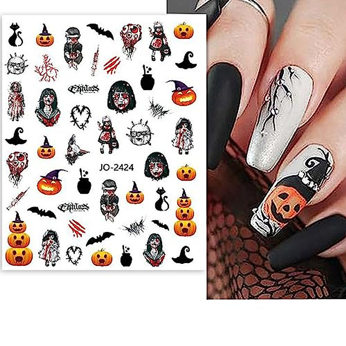 Halloween Nail Art Stickers Decals 6 Sheets Halloween Theme 3D Nail Stickers Halloween Nail Art Supplies Pumpkin Ghost Puppet Dolls Bats Terror Castle Witches Design Stickers for Women Kids