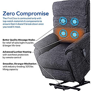 FirstClass™ Sleep-to-Stand Lift Chair 2.0, Perfect Chair for Sleep/Relaxation. True Lay-Flat Sleeping Recliner. 2 Motor for Independent Back and Foot Adjust. Incl Heat/Massage
