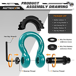 AUTMAXIN D Ring Shackles 3/4" Shackle (2 Pack) - 58,000Ibs Break Strength with 7/8" Anti-Loose Security Pin, Shackle Isolator Washer Kits for Tow Strap Winch Off-Road Vehicle Recovery, Teal