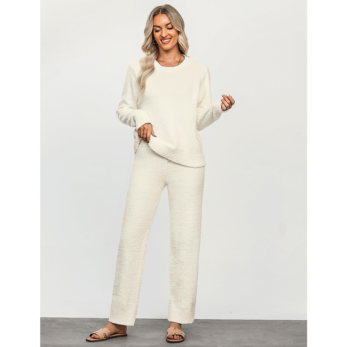 luvamia Women's Casual Solid Color Pajama Sets Long Sleeve Tops And Pants Long Pj Sets Joggers Loungewear Sleepwear Nightwear Womens Loungewear Set Cute 2 Piece Outfits For Women Beige Xx-Large