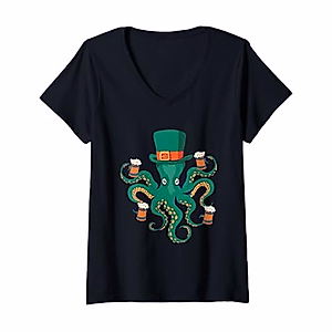 Womens Funny saint Patrick's day double fisting twice octopus Irish V-Neck T-Shirt