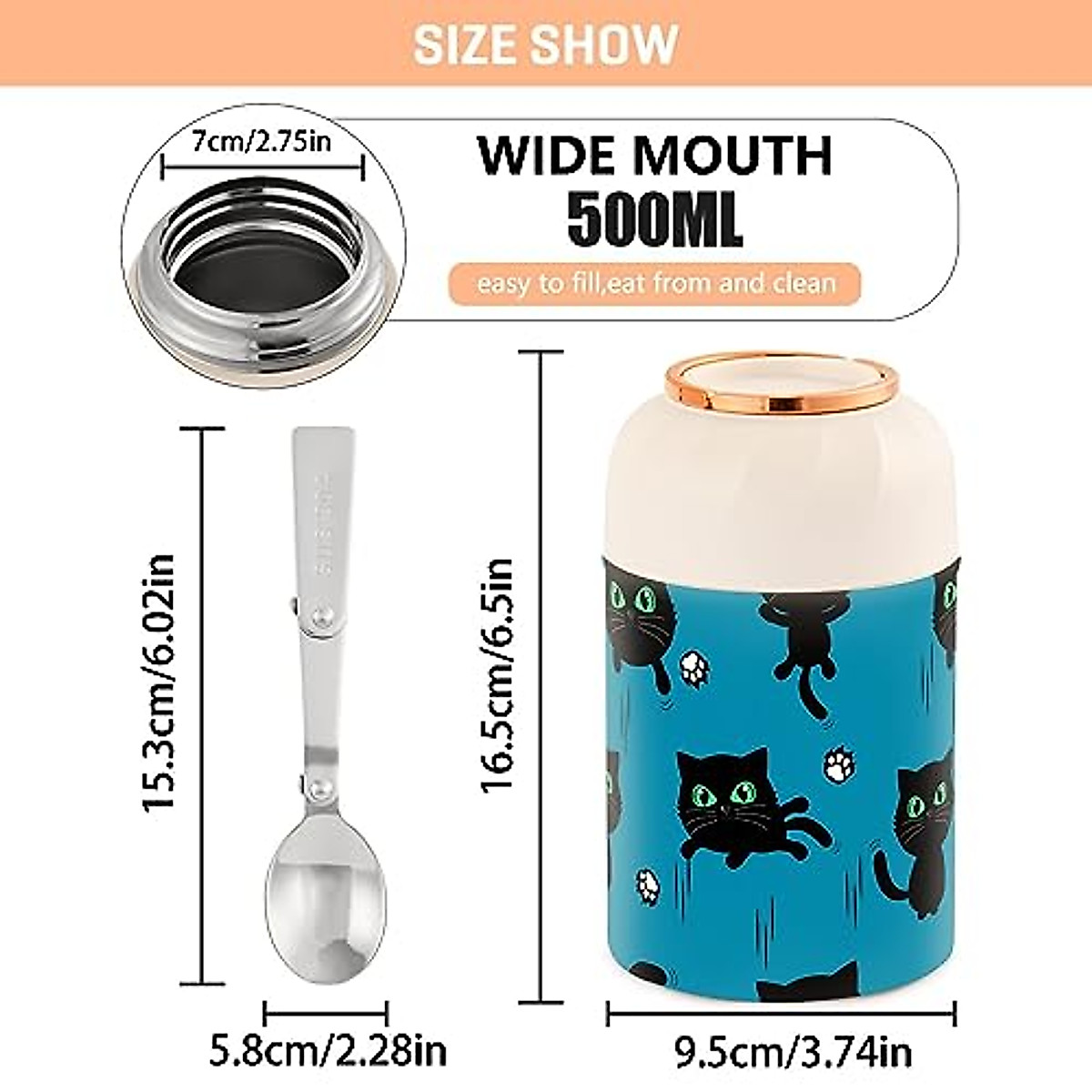 CUPADA Black Cat Kitten Cartoon Food Jar, Cute Claw Scratch Insulated Hot Food Jars Vacuum 17OZ with Folding Spoon for Work Trip Picnic Camping