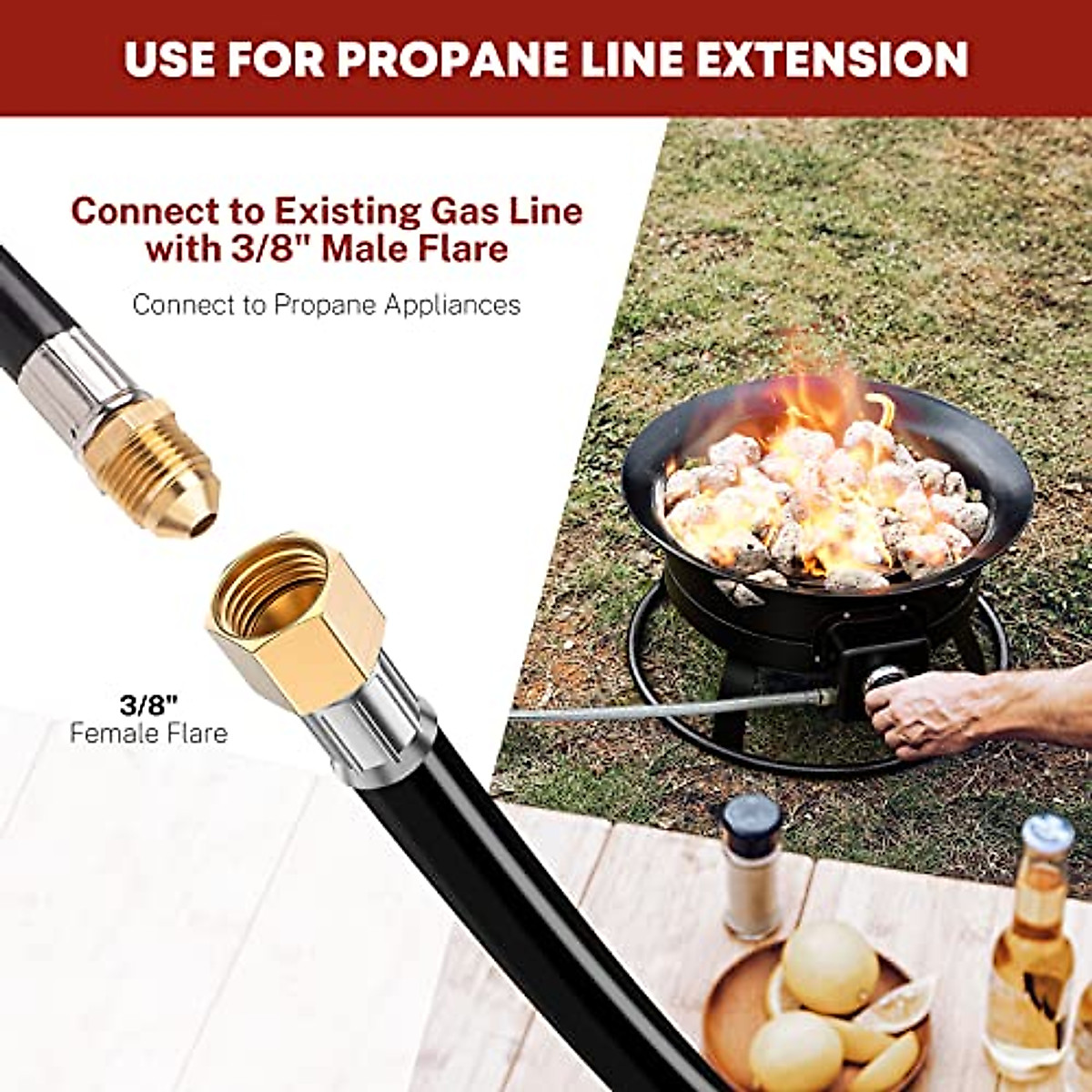 PatioGem Propane Hose Extension 20FT, Both Ends 3/8" Female Flare Propane Hose Assembly, Pipe Fitting 3/8" Flare x 1/8" MNPT, Extension Gas Line for Propane Appliances, LP Gas Hose