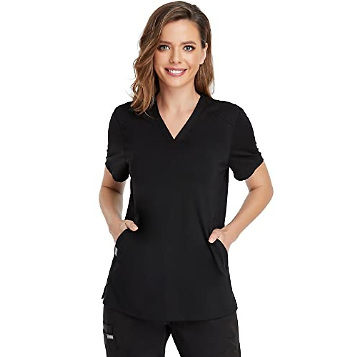 COMENII Scrub Tops for Women, Two Pocket Sporty Quick-Dry Stretch V-Neck Workwear, Anti-Wrinkle Medical Scrubs for Women(Black L)