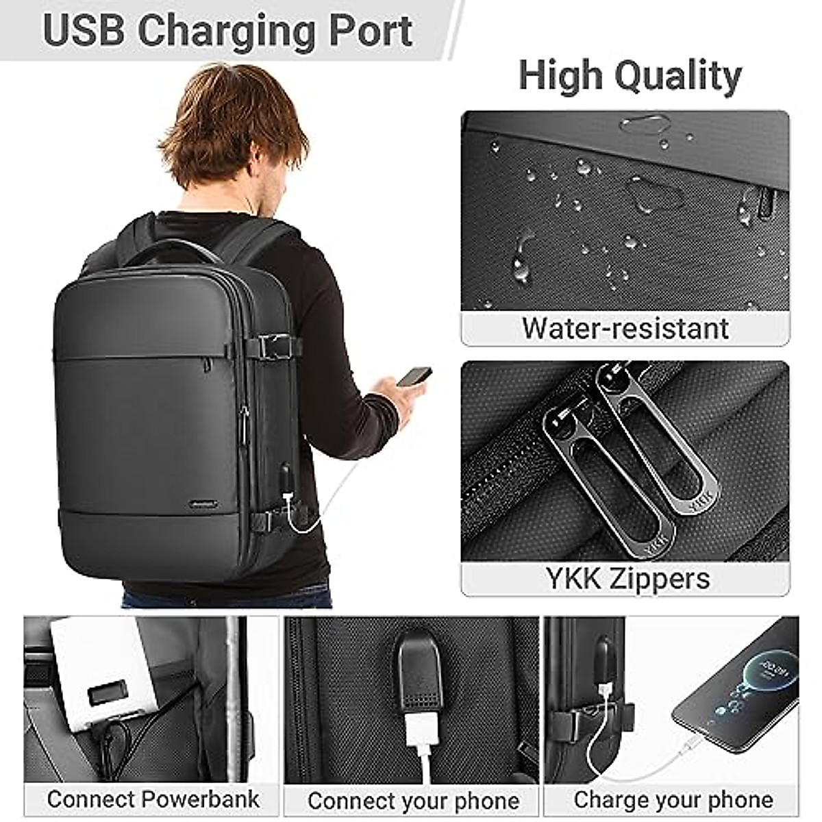 Carry On Backpack Flight Approved,Travel Backpack for Men Women with USB Charging Port Shoe Compartment,Waterproof Anti-theft 15.6 inch Laptop Backapck Computer Bag Business Causal Weekender Backpack