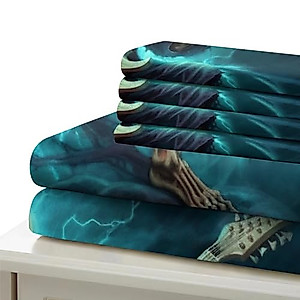 LENTLY Skull Guitar Bedding Set for Childrens and Adults Duvet Cover Set with Pillowcase 3D Print Hip Hop Rock Style Comforter Cover 3 Pieces Soft Microfiber Quilt Cover Twin（173x218cm）