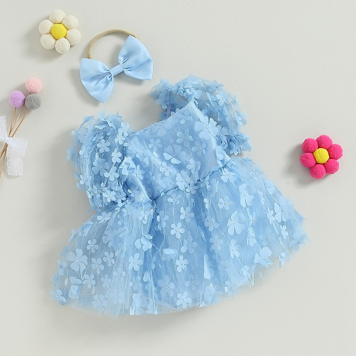 VISGOGO Baby Girl Tulle Dress Romper Sleeveless Onesie Knot Pleated Bodysuit Newborn Mesh Princess Outfits (D-Blue, 3-6 Months)
