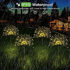 Solar Lights Outdoor, Warm White Garden Lights, 4 Pack Firework Lights with 120 LED Starburst String Lights 8 Modes Fairy Lights with Remote, Wedding Christmas, Lawn Backyard Party Patio Decoration