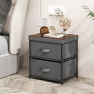 GOFLAME Fabric Dresser with 2 Drawers, Nightstand for Bedroom, Bedside Table with Removable Fabric Bins & Handles, Sofa Side Table, End Table for Living Room, Entryway, Grey & Rustic Brown