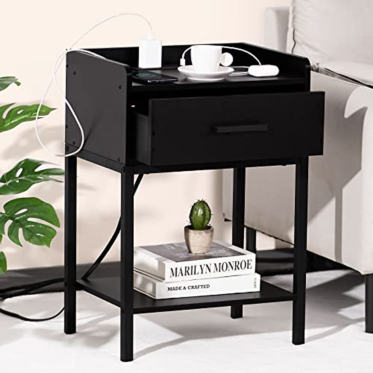 YAHARBO Nightstand with Charging Station and USB Ports, 3-Tier End Side Table with Storage Drawer and Shelf, Bedside Night Stand for Bedroom- Black