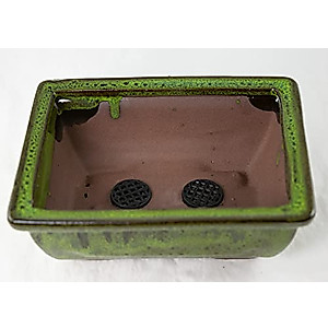 Rectangular Shohin Bonsai Pot, Cactus & Succulent Planter 6"x 4.5"x 2.25" w/Mesh & Wire - Moss Green
